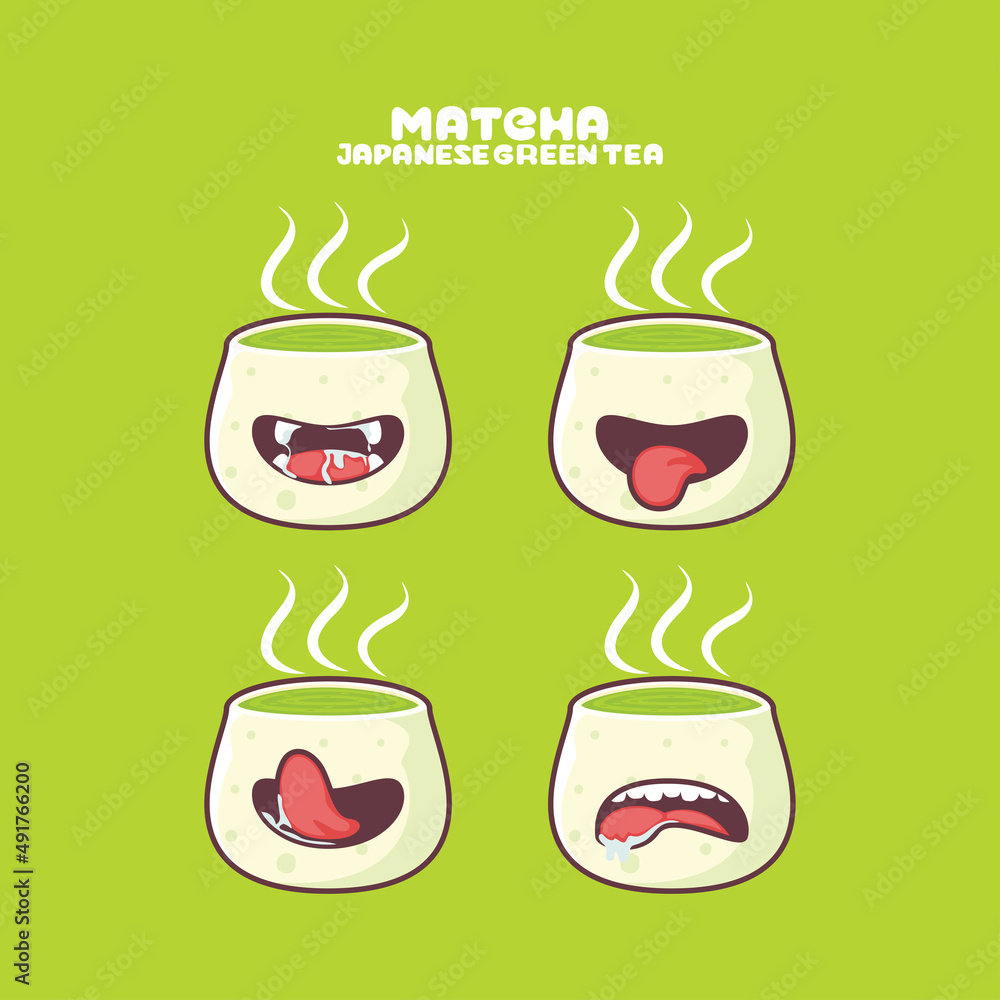 Matcha cartoon. japanese green tea vector illustration. with different ...