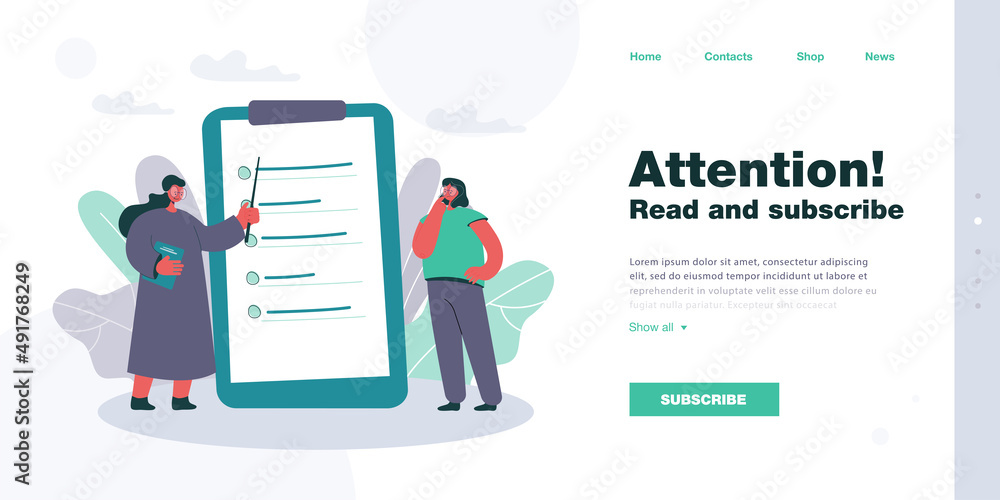 Cartoon teacher showing test questions to female student. Professor ...