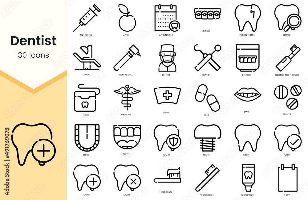 Set of dentist Icons. Simple Outline style icons pack. Vector ...