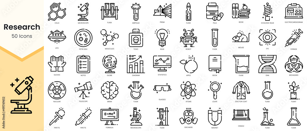 Set of research Icons. Simple Outline style icons pack. Vector ...