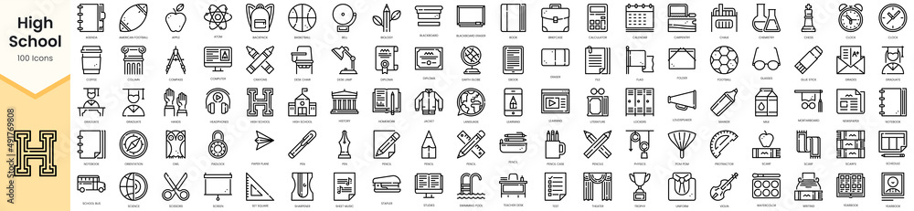 Set of high-school Icons. Simple Outline style icons pack. Vector ...