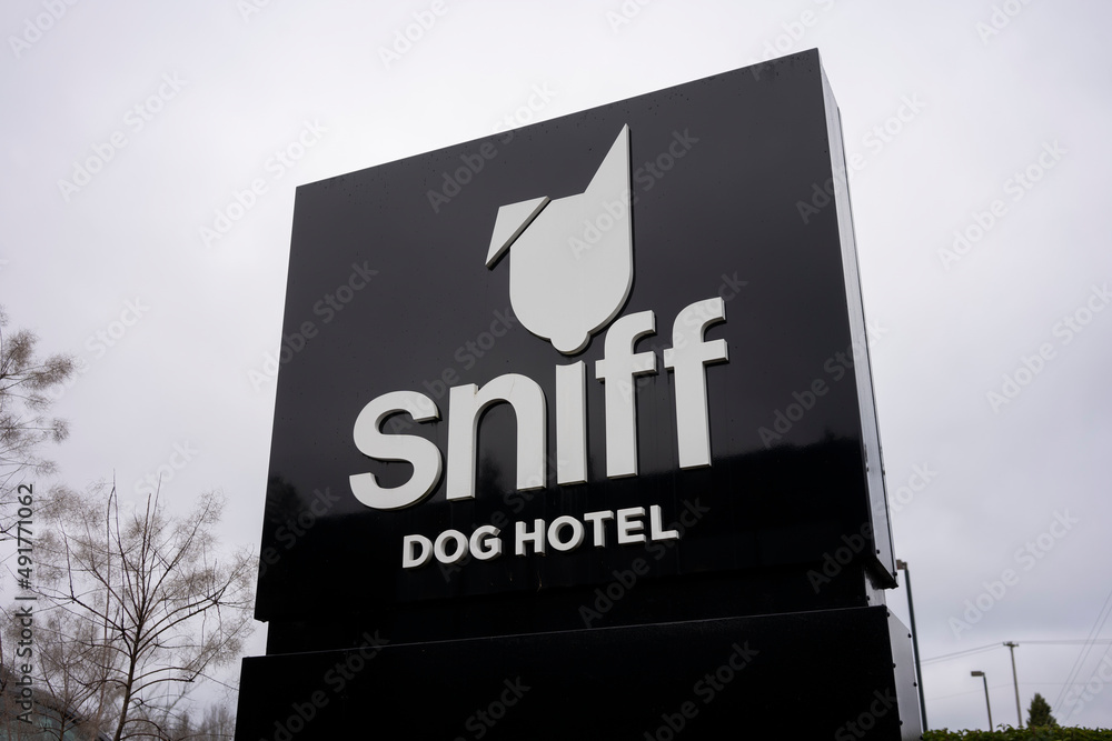 Beaverton, OR, USA - Jan 21, 2022: Closeup of the Sniff Dog Hotel sign ...
