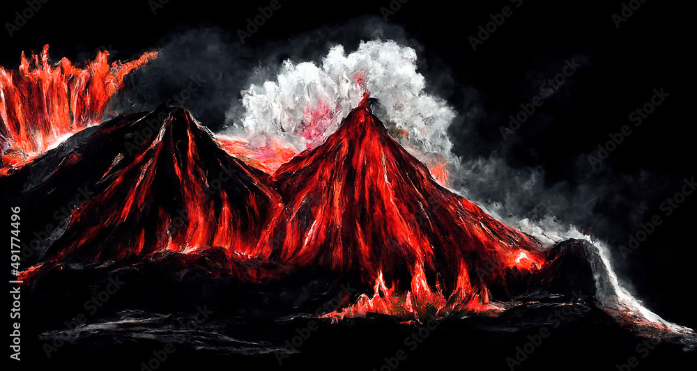 Apocalypse, volcanic eruption. Lava magma flows flow down volcano mouth ...