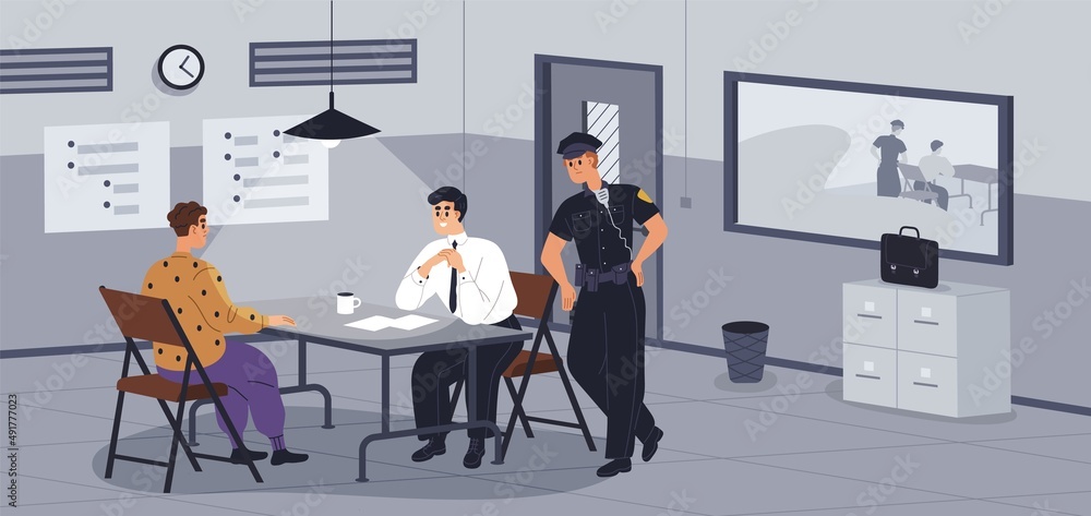 Interview in interrogation room with lamp. Lawyer interrogating ...