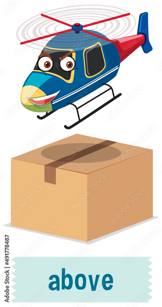 Preposition wordcard with airplane above box Stock Vector | Adobe Stock