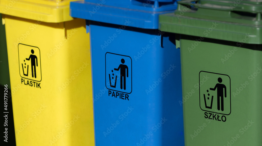 Three garbage containers for garbage segregation, close up —yellow ...