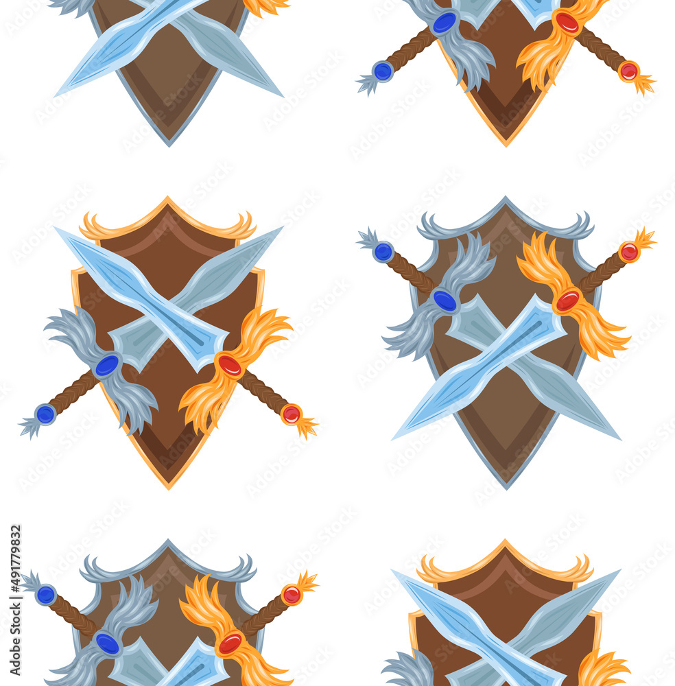 Seamless pattern with crossing cartoon swords and shields on white ...