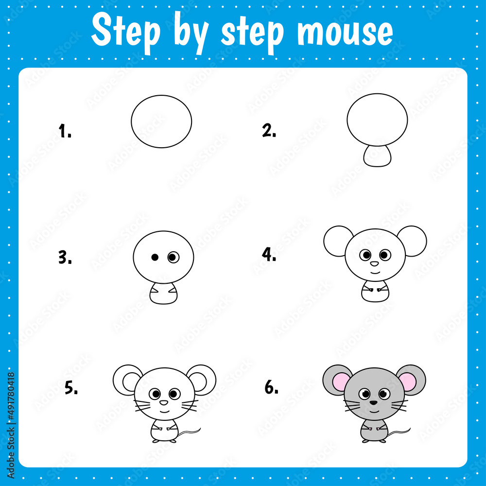 Drawing lesson for children. How draw a mouse. Stock Vector | Adobe Stock