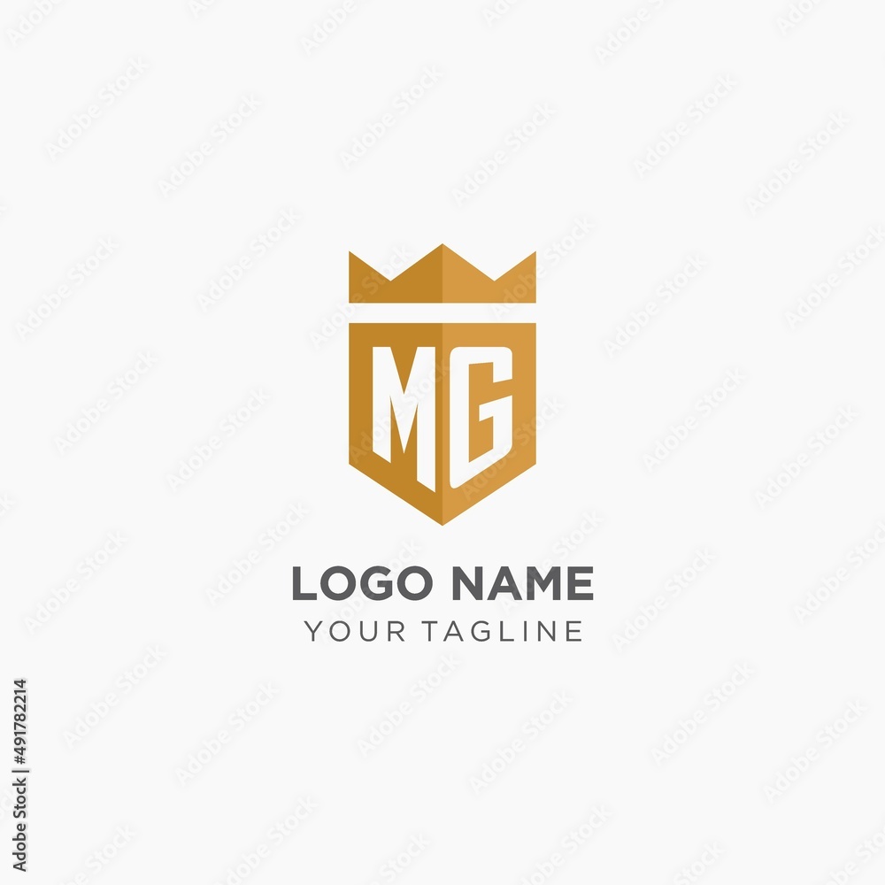 Monogram MG logo with geometric shield and crown, luxury elegant ...
