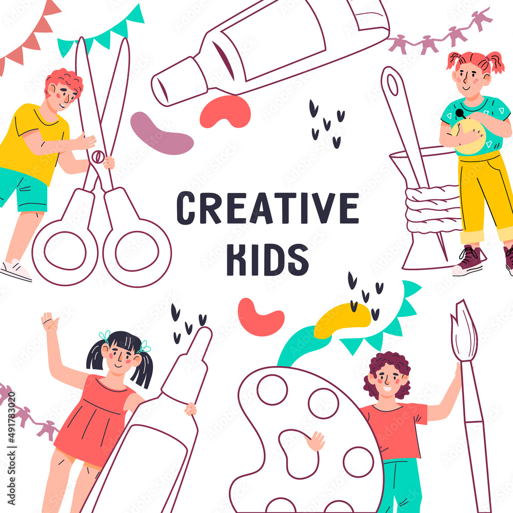 Creative kids classes and craft lessons banner mockup, flat cartoon ...