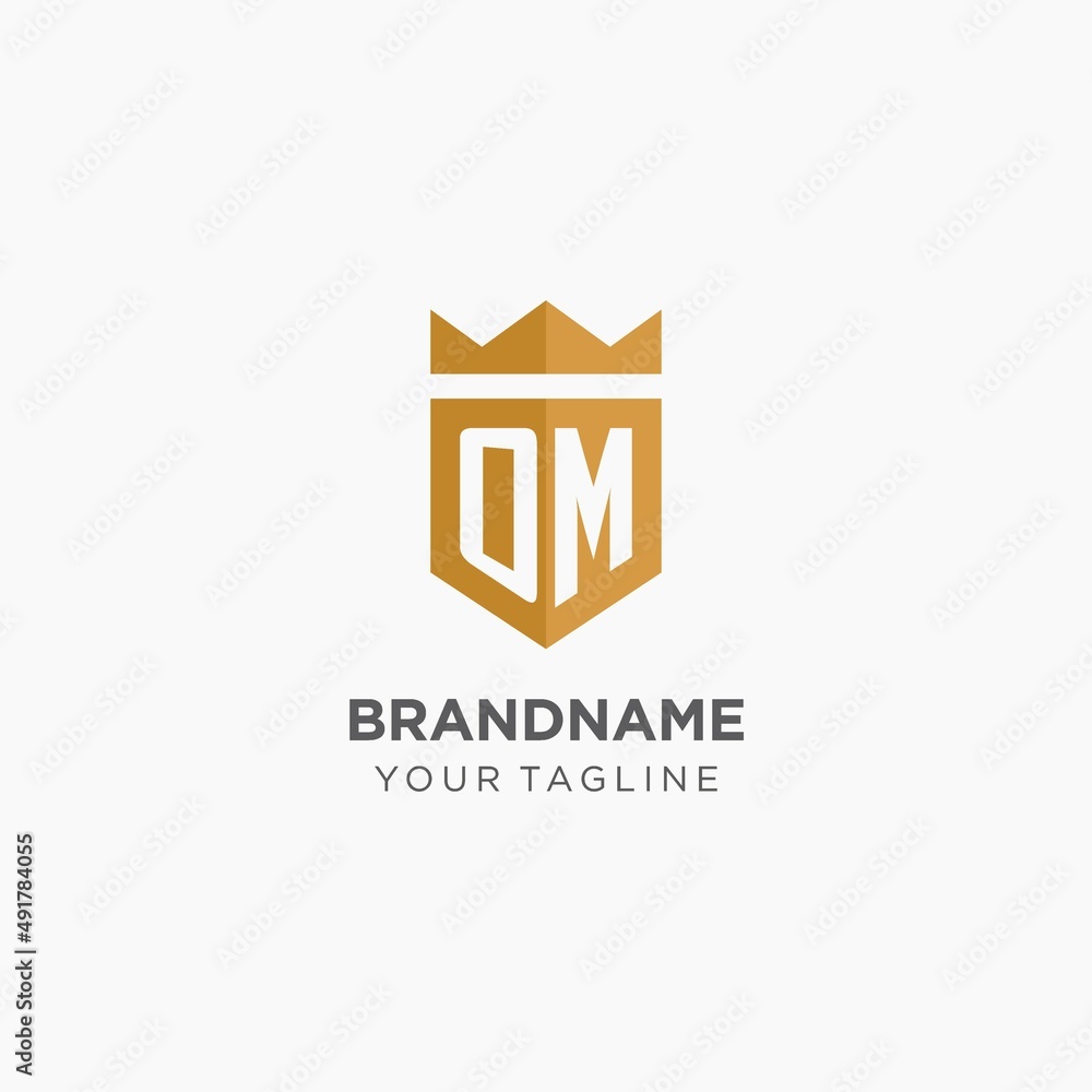 Monogram OM logo with geometric shield and crown, luxury elegant ...
