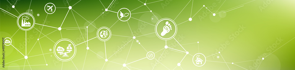 CO2 carbon emission vector illustration. Green banner with icons ...