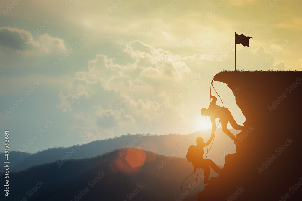 concept of teamwork makes a mission for success. Silhouette of ...