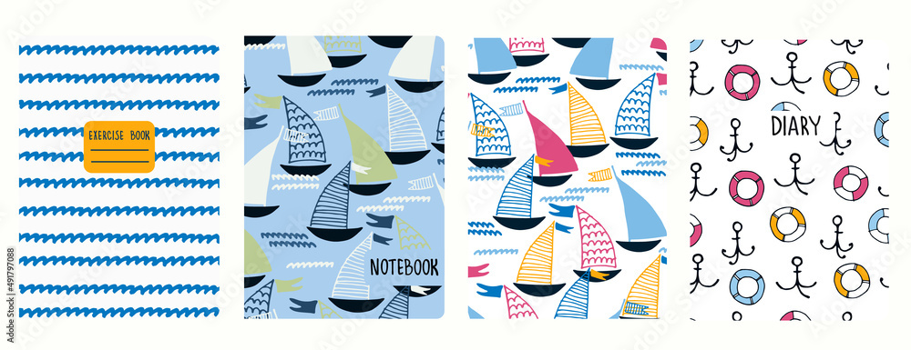 Set of cover page templates with sailing boats, anchors, lifesavers ...