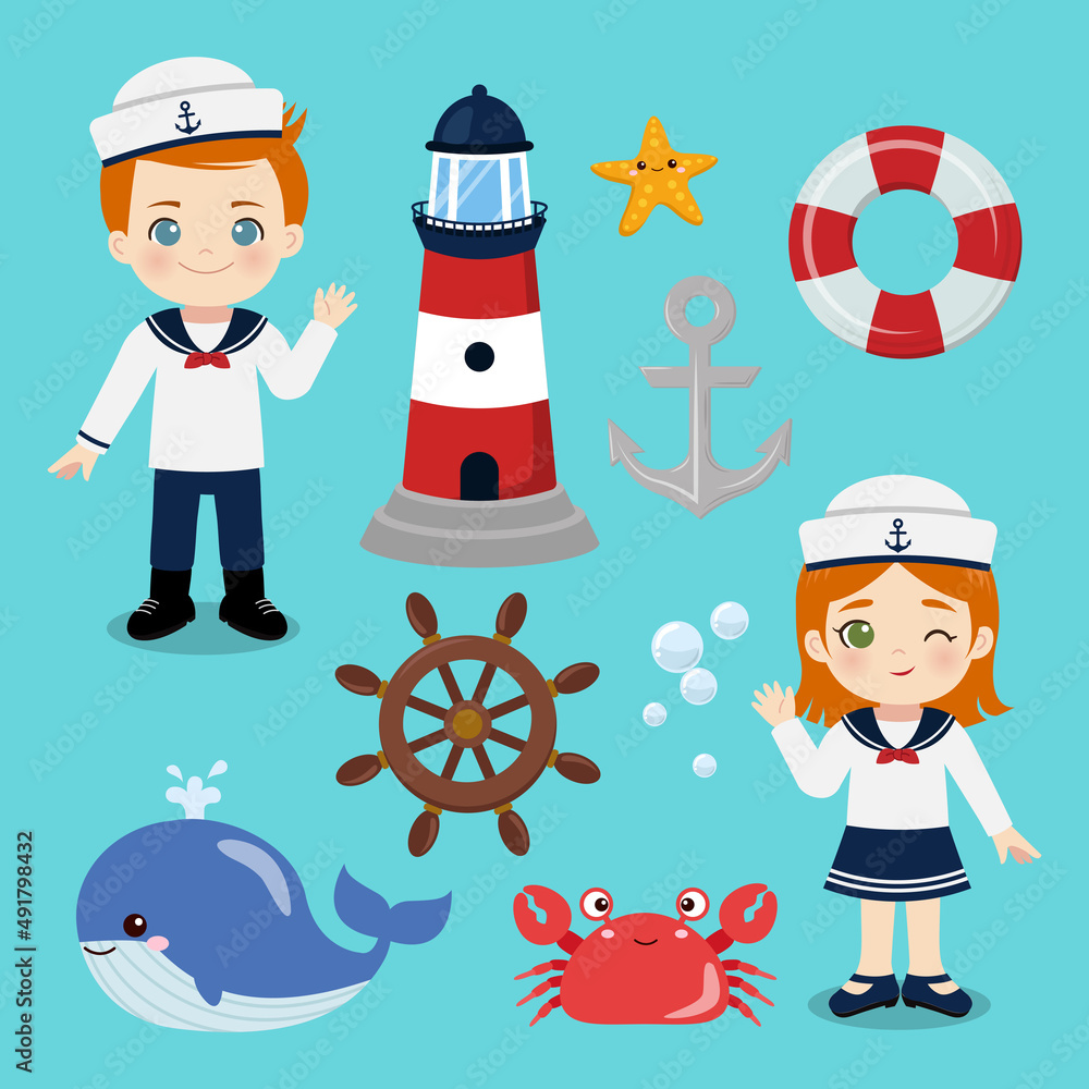 Cute marine boy and girl with navy object collection set. Flat vector ...