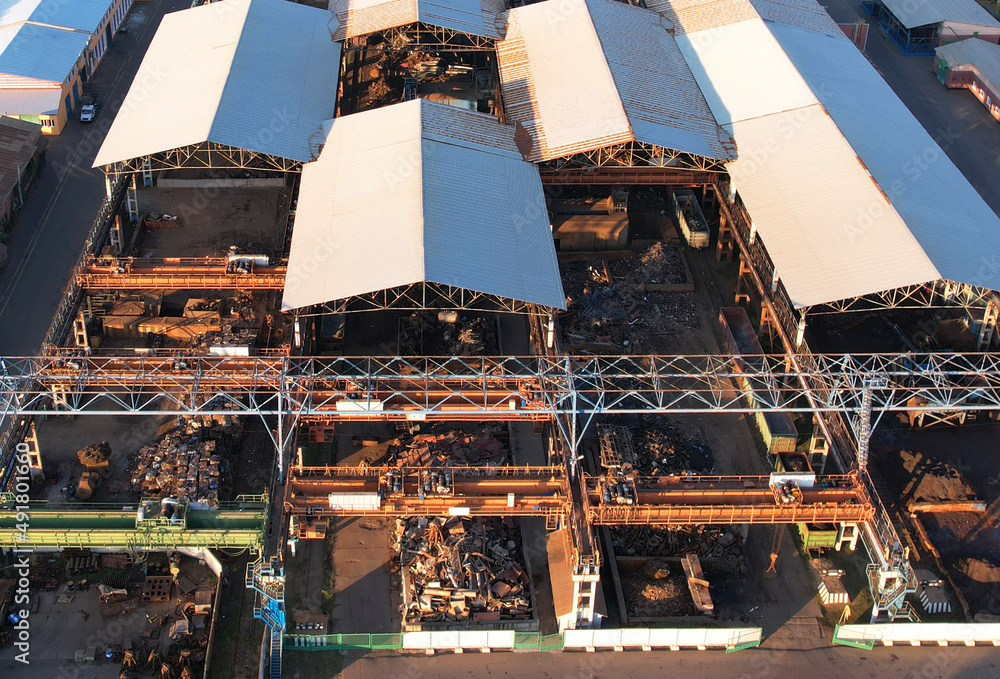 Metal recycling plant. Metal recycling warehouse. Scrap metal recycling ...