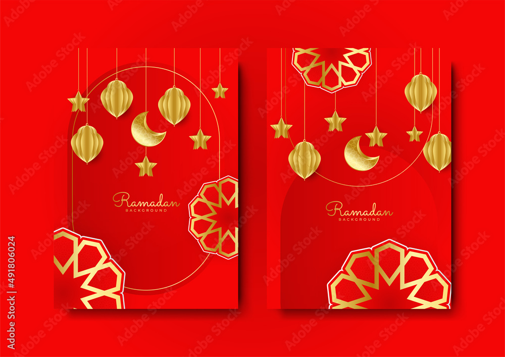 Trendy islamic ramadan red greeting card and poster background template ...
