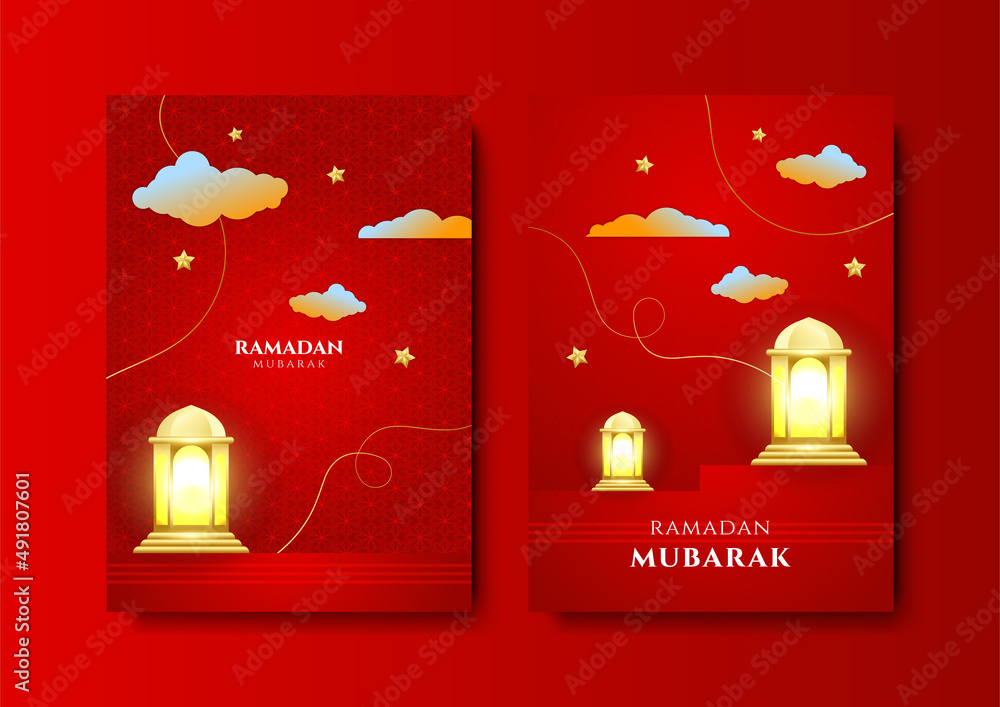 Trendy islamic ramadan red greeting card and poster background template ...