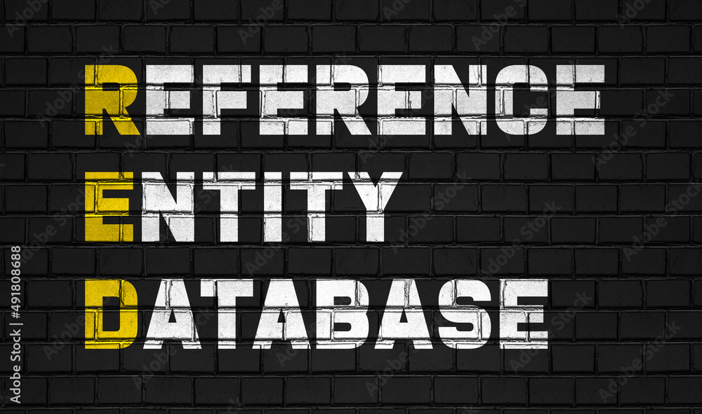 Reference entity database (RED) concept,business abbreviations on black ...