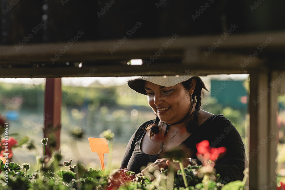 Foto de Short, heavy-set Latina woman working in her botanical garden ...
