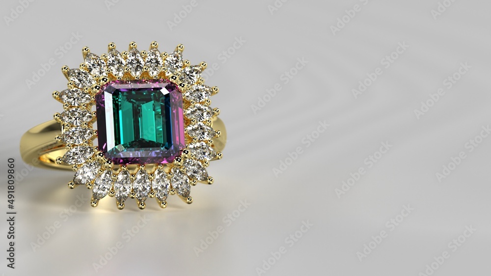 alexandrite emerald cut stone halo ring 3d render in yellow gold metal ...
