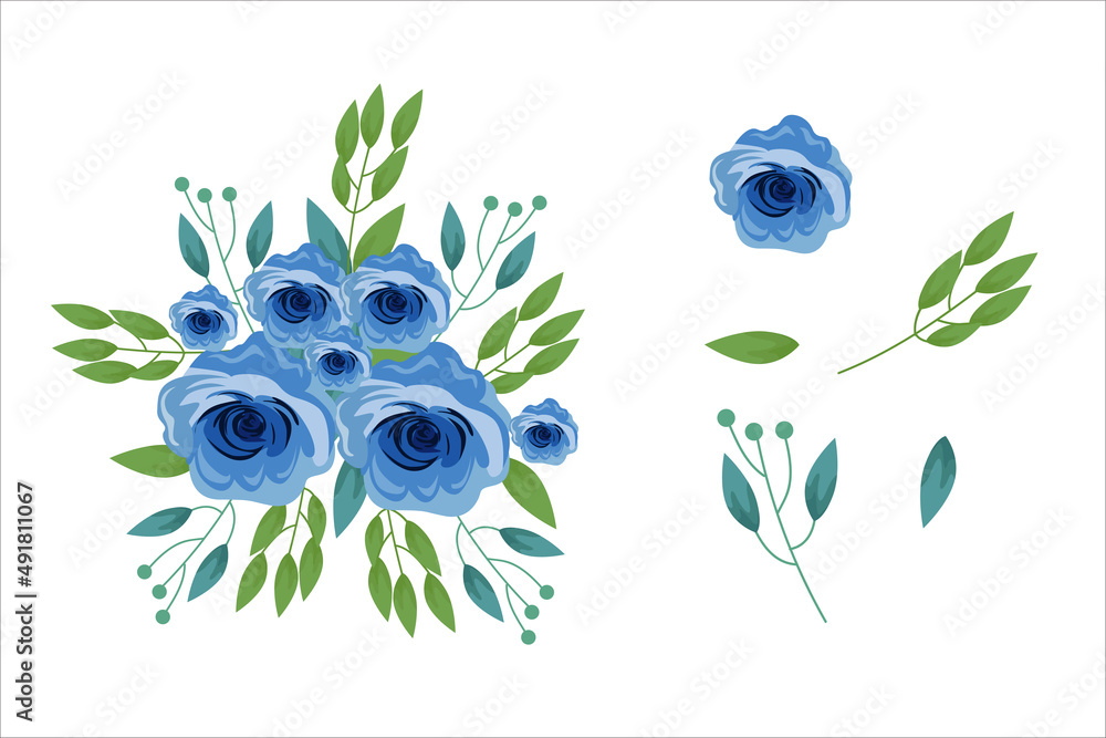 Set of blue flowers and green leaf clipart isolated Stock Vector ...