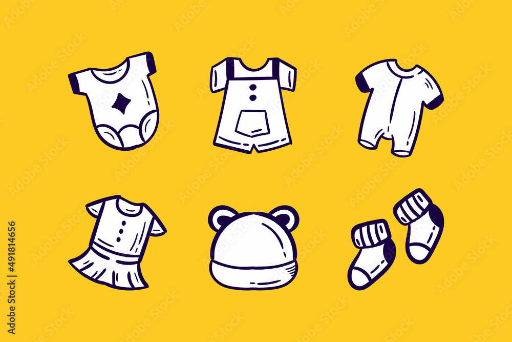 Baby kid cloth icon illustration collection hand drawn cartoon linear ...