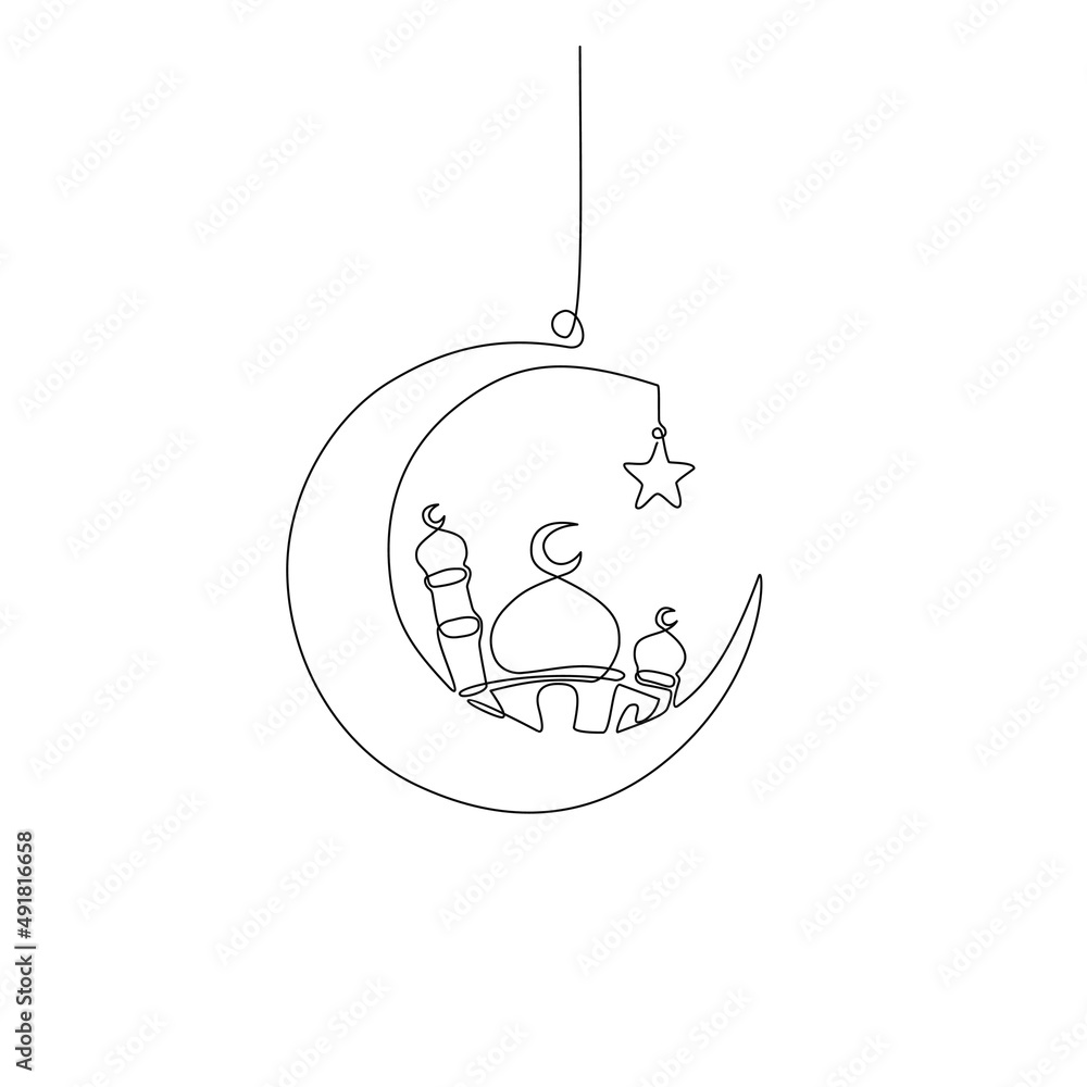 Mosque with moon and stars, continuous line drawing minimalistic design ...
