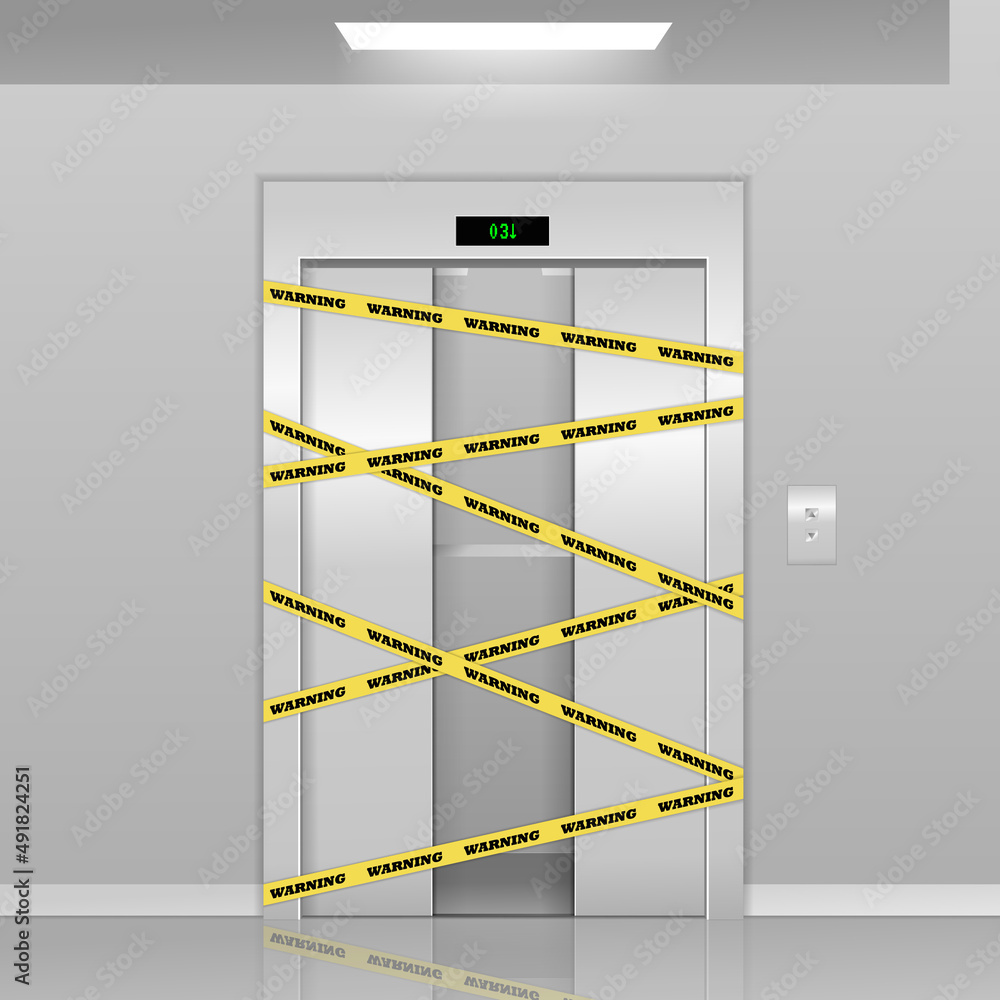 Realistic 3d broken elevators on repair with warning yellow tape. Metal ...