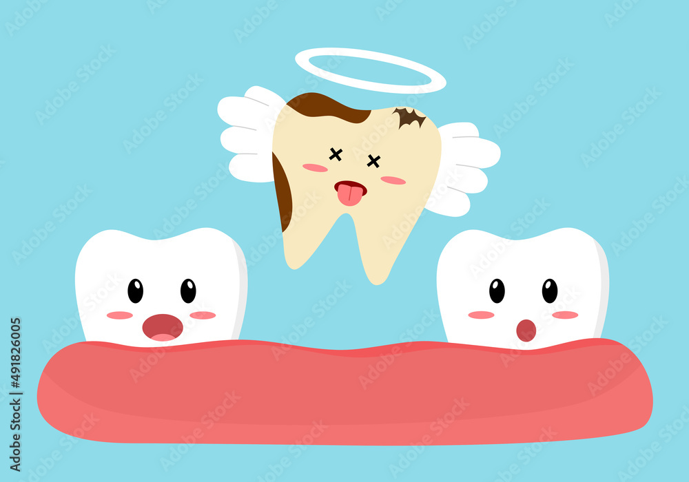 Dead funny cute tooth cartoon character in flat design. Dental cavity ...