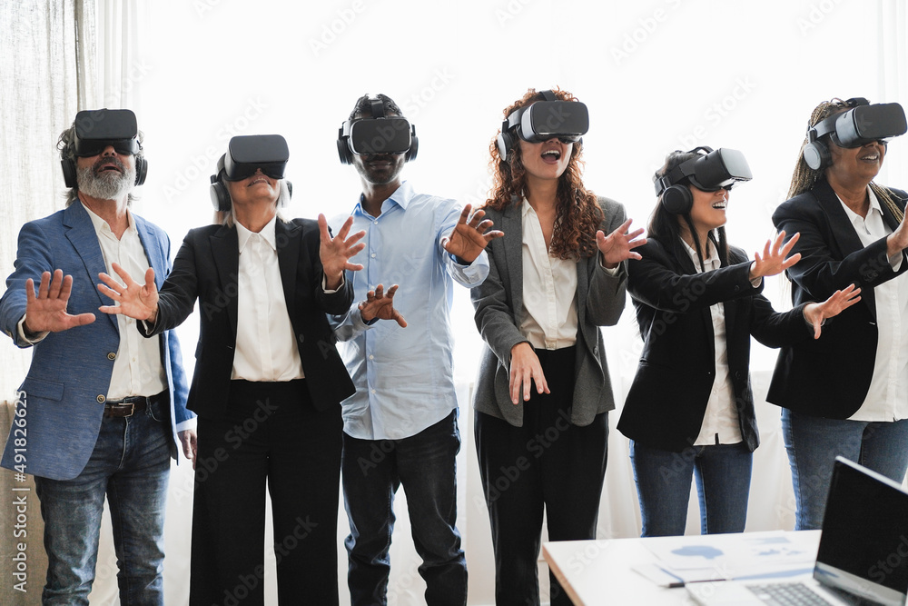 Business people wearing vr goggles inside office - New technology and ...