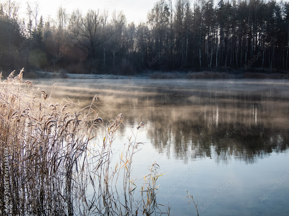 Beautiful early winter morning scenery of landscape of a lake with ...