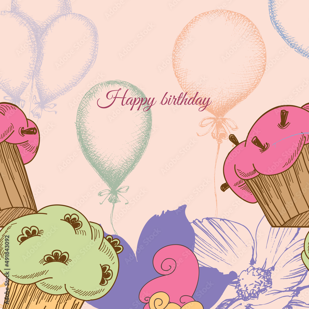 Birthday greeting card or birthday party invitation, cupcakes and ...