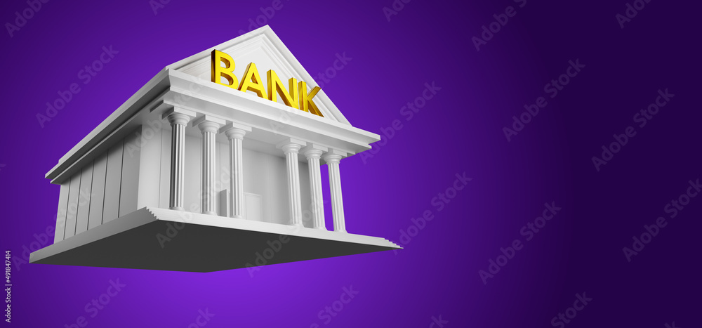 Bank building. Label bank on house with columns. Bank office on purple ...