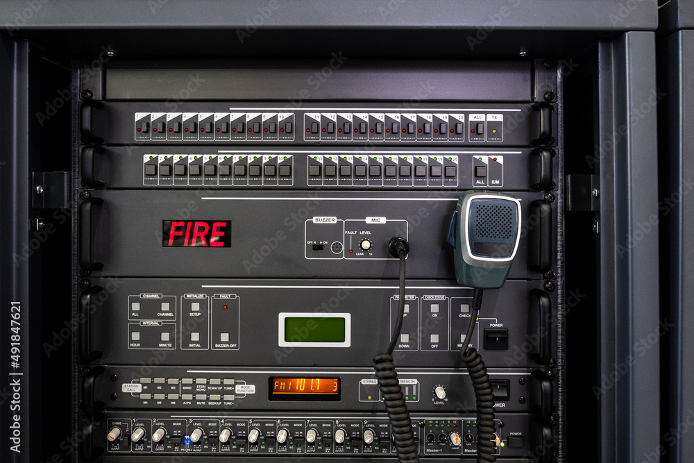 Radio control. Dashboard with wired radio. Public address system in ...