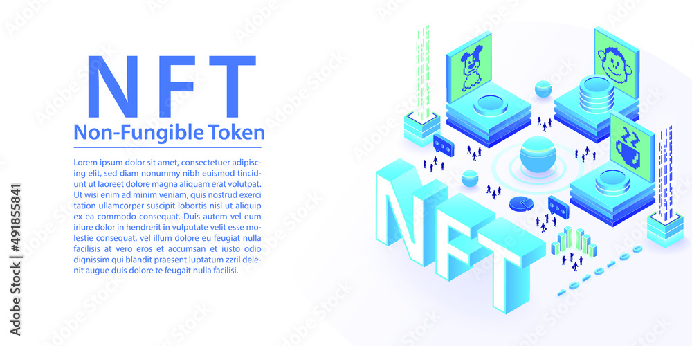 NFT non-fungible token concept as wide web banner layout. 3d isometric ... NFT non-fungible token concept as wide web banner layout. 3d isometric ...