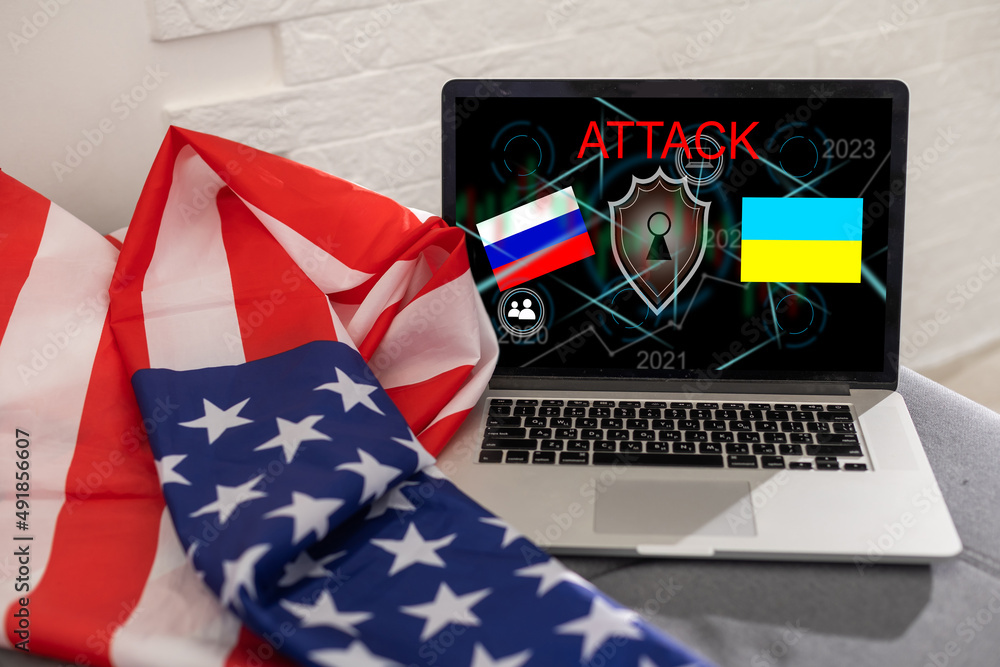 cyber attack with russian flag on ukraine, icons Stock Photo | Adobe Stock