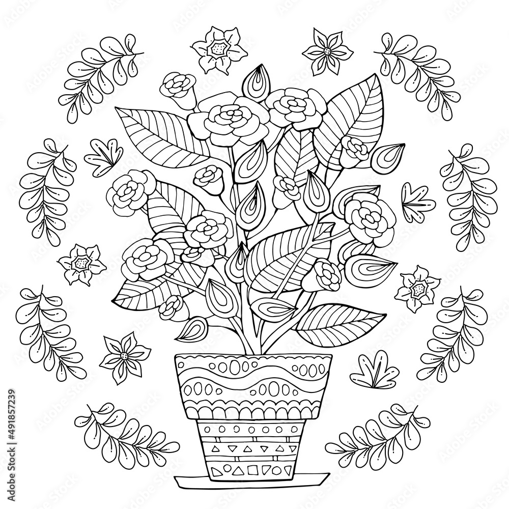 Hand drawn round shape coloring page for kids and adults. Beautiful ...