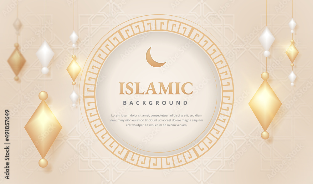 islamic pattern with circle frame and hanging glowing gold white arabic ...