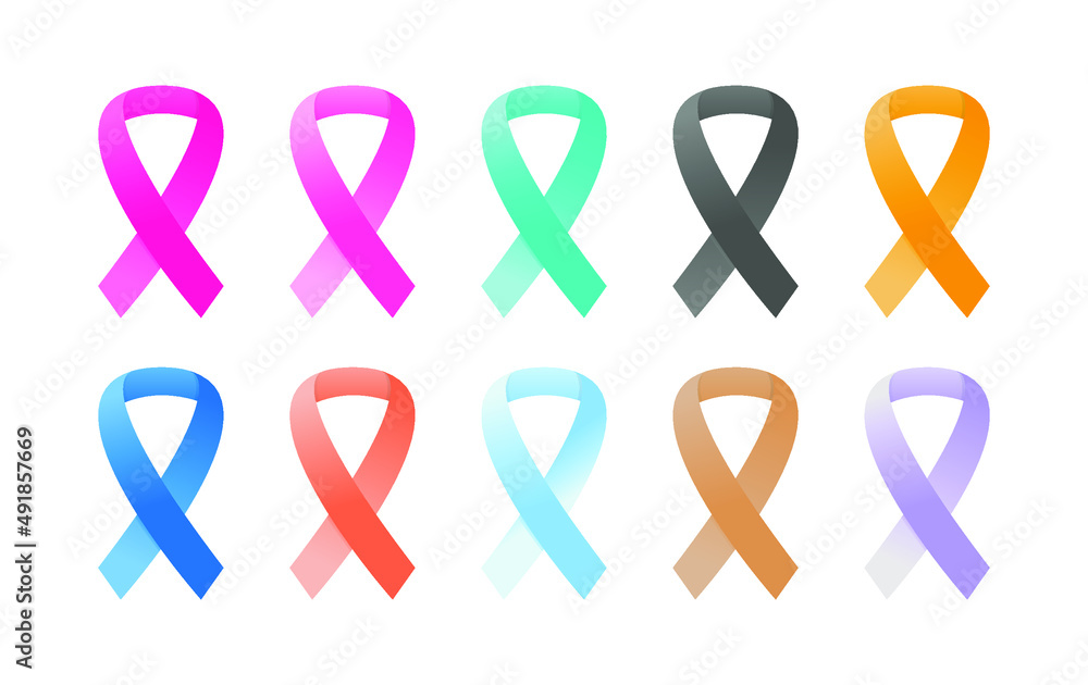Cancer Ribbon. Set of different color ribbon on white background ...