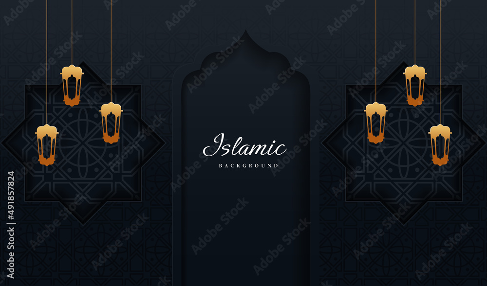 islamic black minimal background with hangin gold lantern scene Stock ...