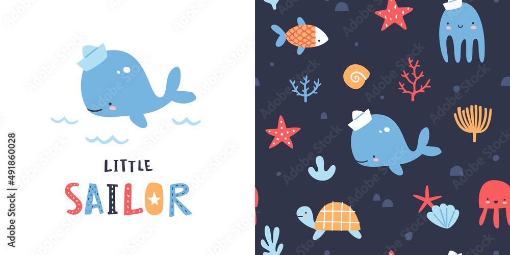 Cute underwater sea pattern with single print. Happy aquatic animals ...