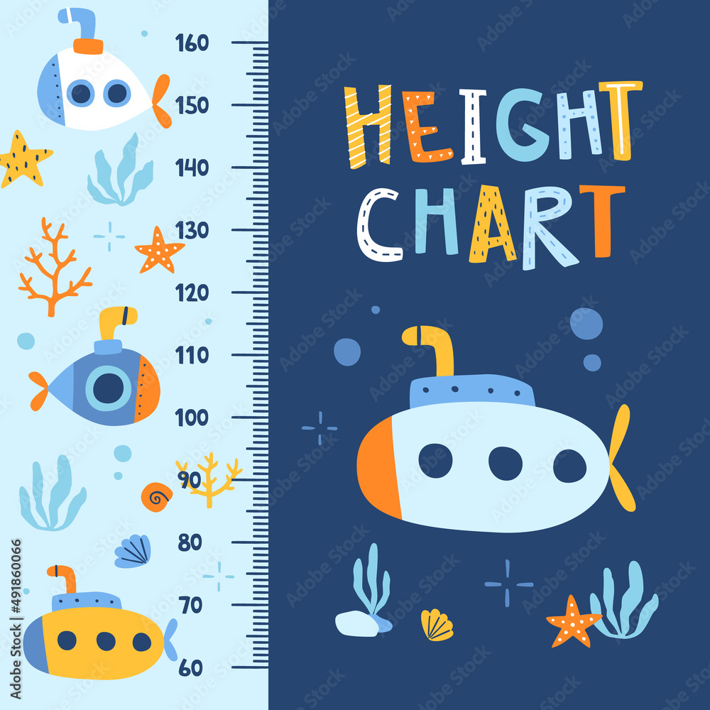 Underwater height chart with submarine. Marine baby wall ruler with ...