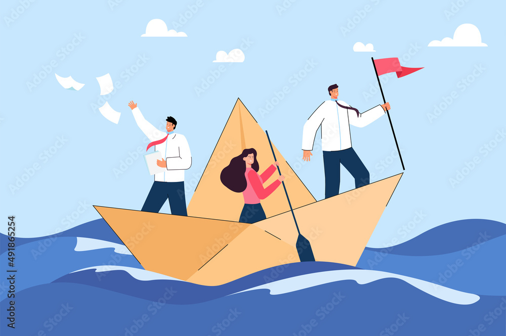 Happy businessmen and businesswoman sailing on paper boat. Cartoon ...