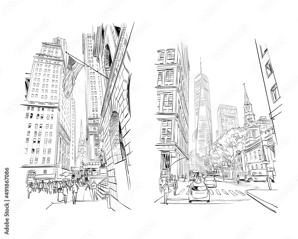 Times square. New York. USA. Hand drawn city sketch. Vector ...