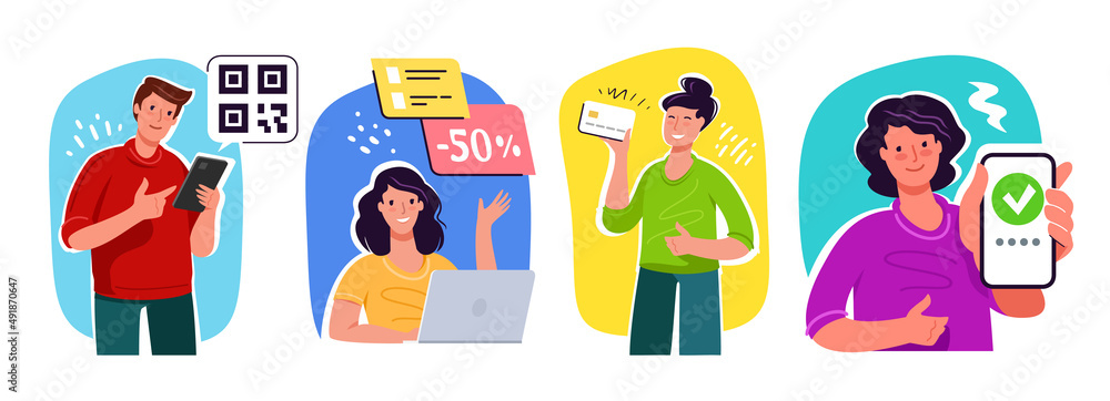 People use banking app. Business, commerce concept. Flat cartoon vector ...