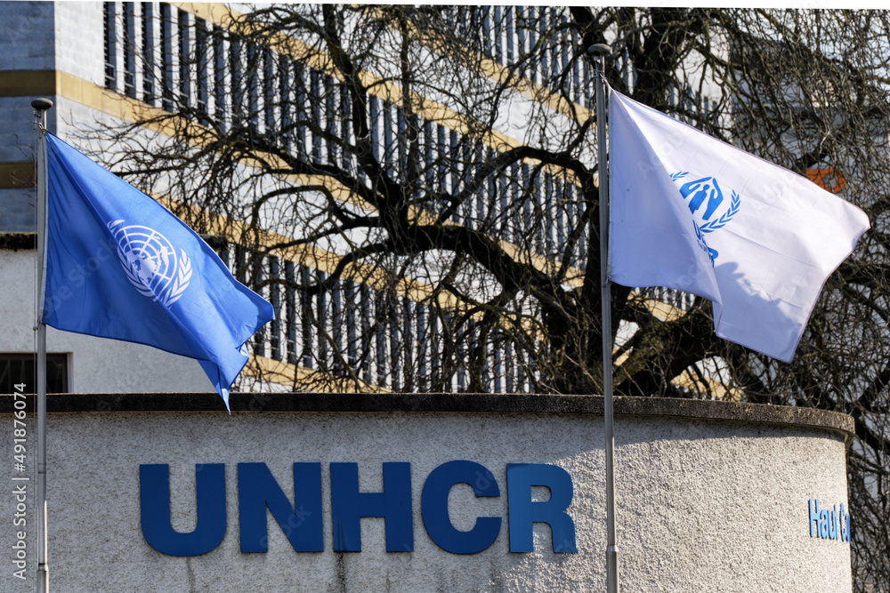 March 10 2022: sign and logo and flag of The United Nations High ...