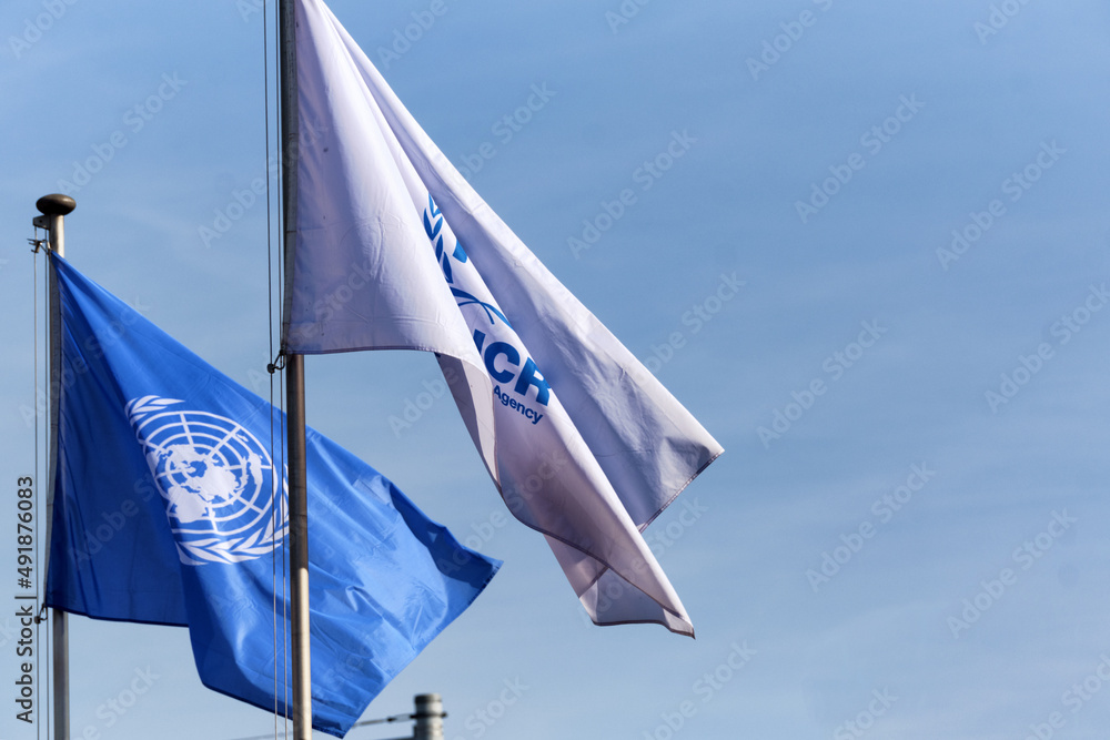 March 10 2022: sign and logo in flag of The United Nations High ...