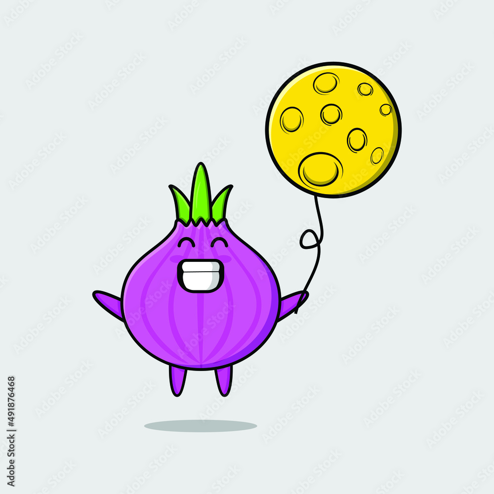 Cute cartoon onion floating with moon balloon cartoon vector ...