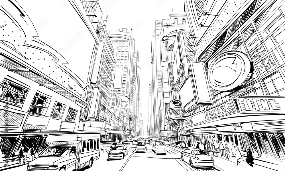 Times square. New York. USA. Hand drawn city sketch. Vector ...